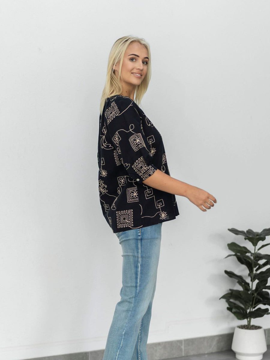 WILLOW TREE EMBROIDERED COTTON V NECK TOP – TariaFashion