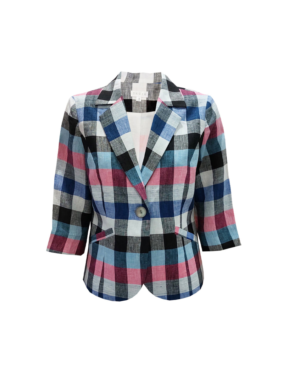 TARIA LINEN CHECKERED SHAPE BLAZER – TariaFashion